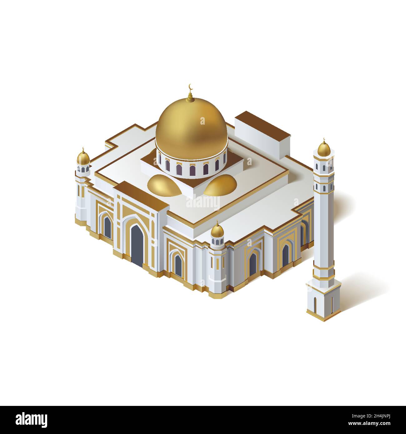 Vector illustration of beautiful white and gold mosque, isometric style ...