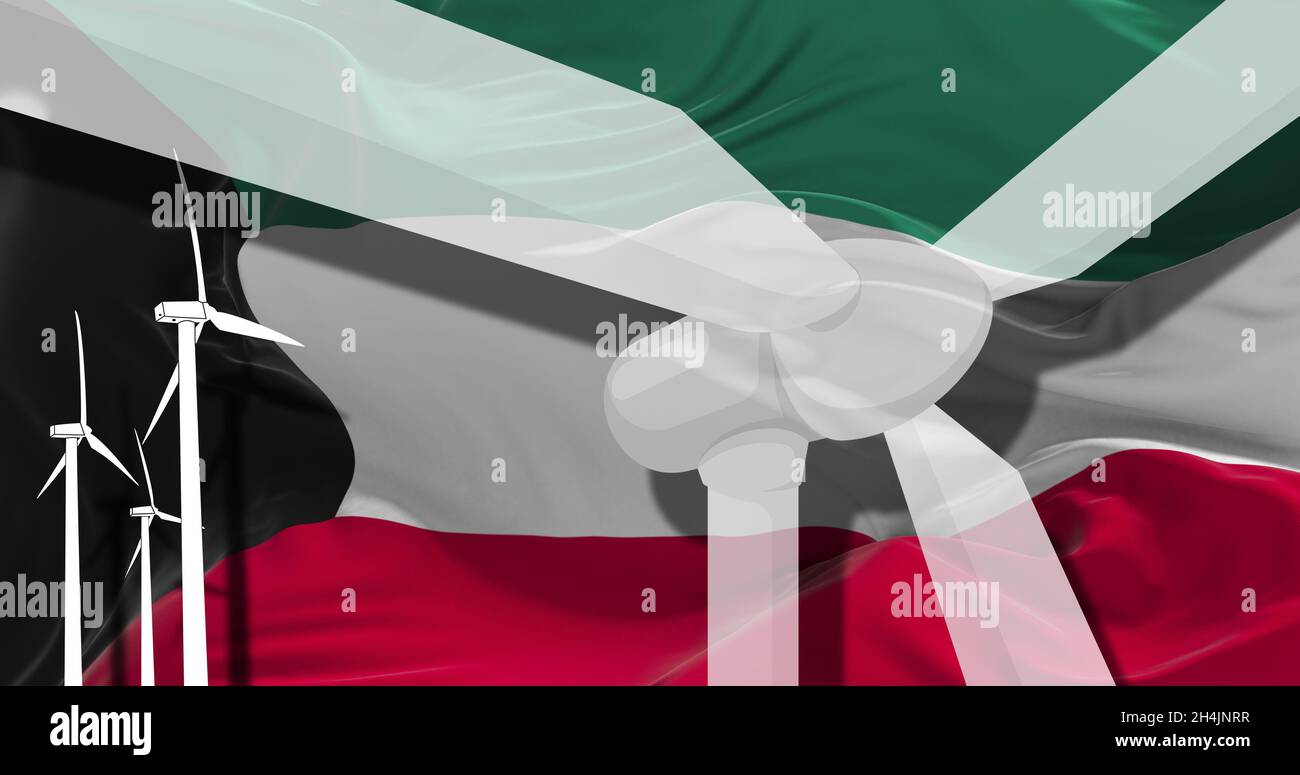 Wind turbines on background of Kuwait flag. sustainable development ...