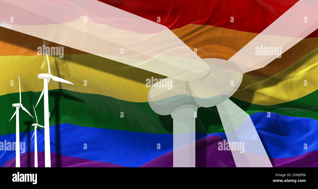 Wind turbines on background of LGBT flag. sustainable development ...