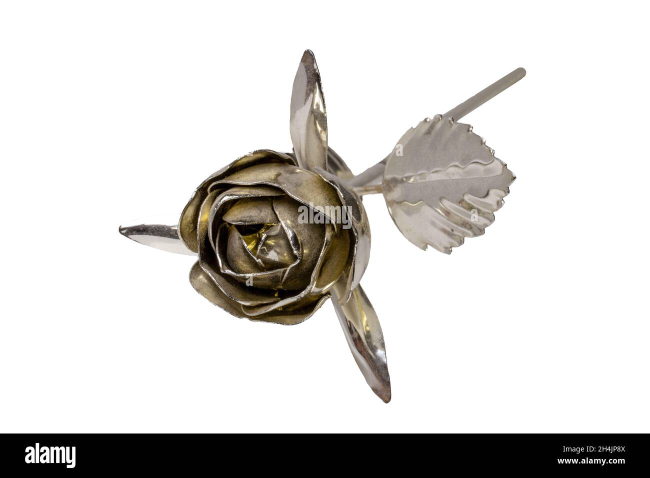 Macro shot of a gold and silver shining handmade wrought iron rose ...