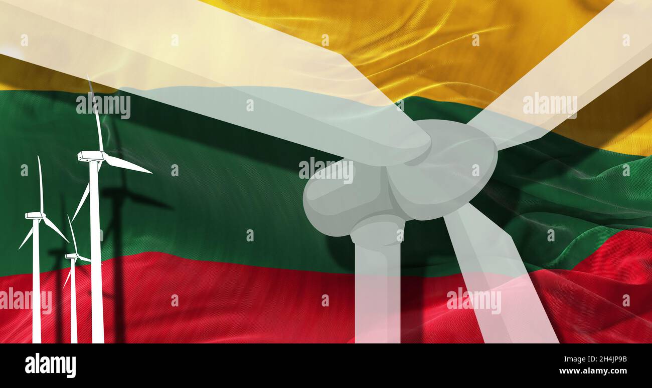 Wind turbines on background of Lithuania flag. sustainable development ...