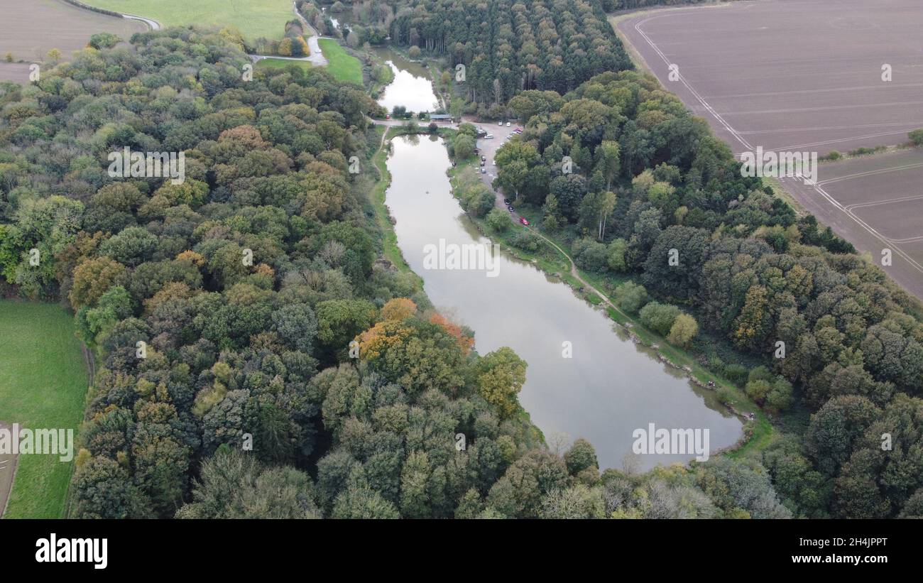 Aerial View of Lake Nested Between Woodland Forest Trees in Countryside ...