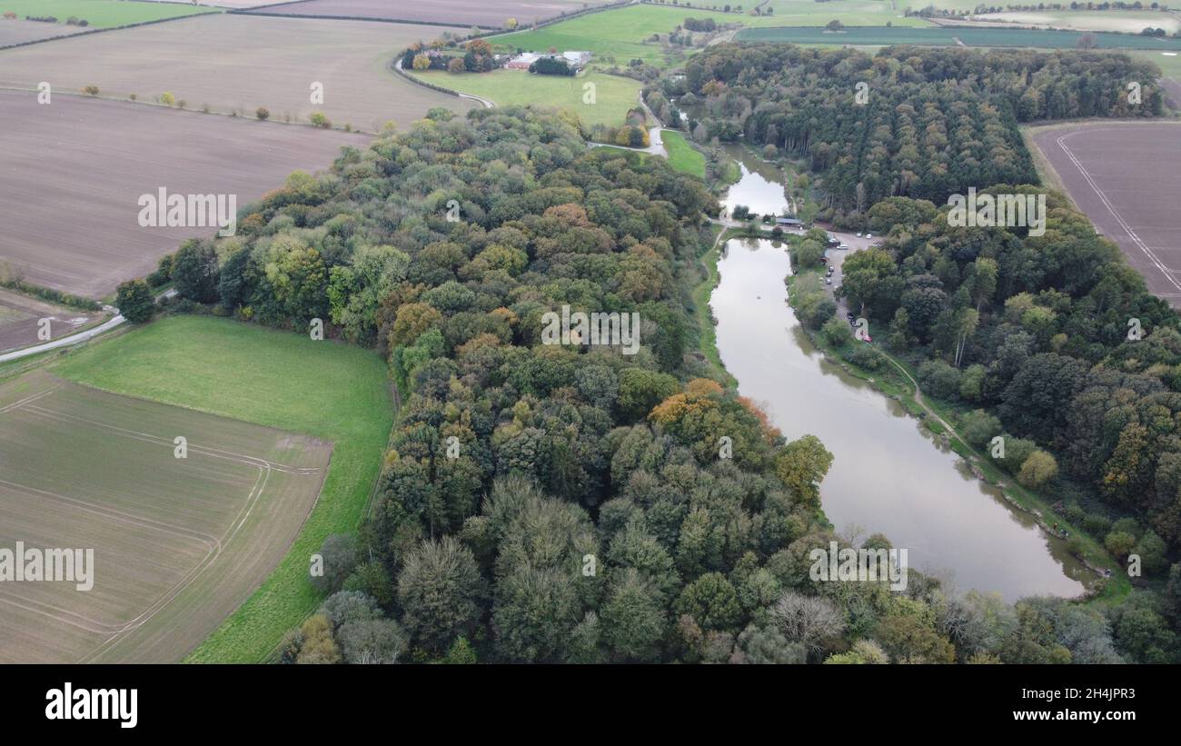 Aerial View of Lake Nested Between Woodland Forest Trees in Countryside ...
