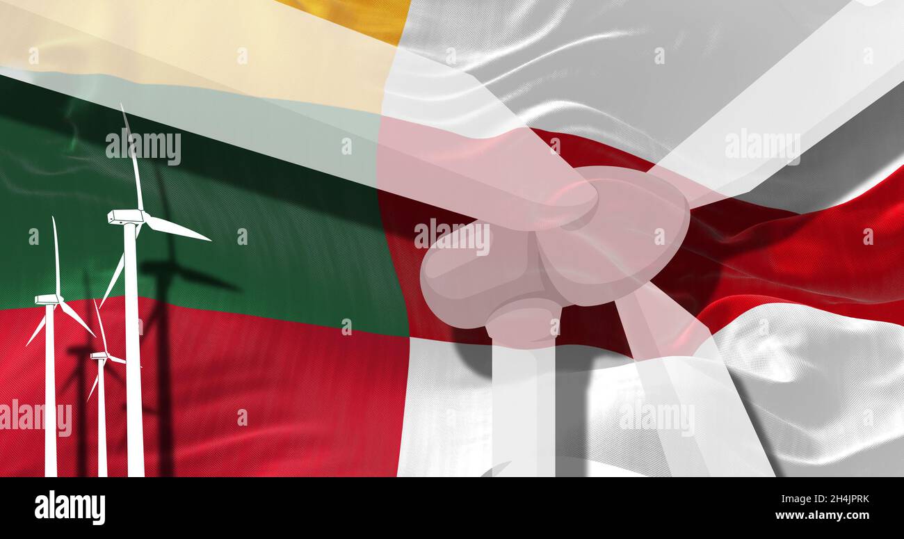 Wind turbines on background of Lithuania and flag of Belarus flag ...