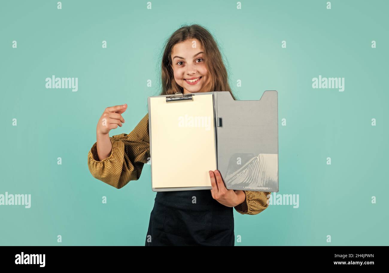 happy teen girl hold paper document folder, copy space, study Stock ...
