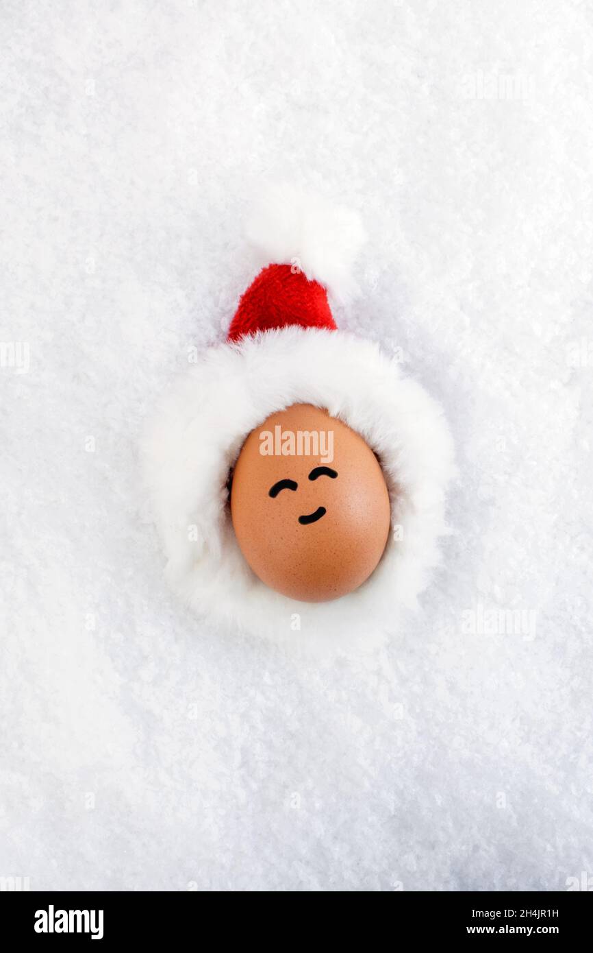 Egg in a santa claus hat on the snow. Christmas and New Year concept ...