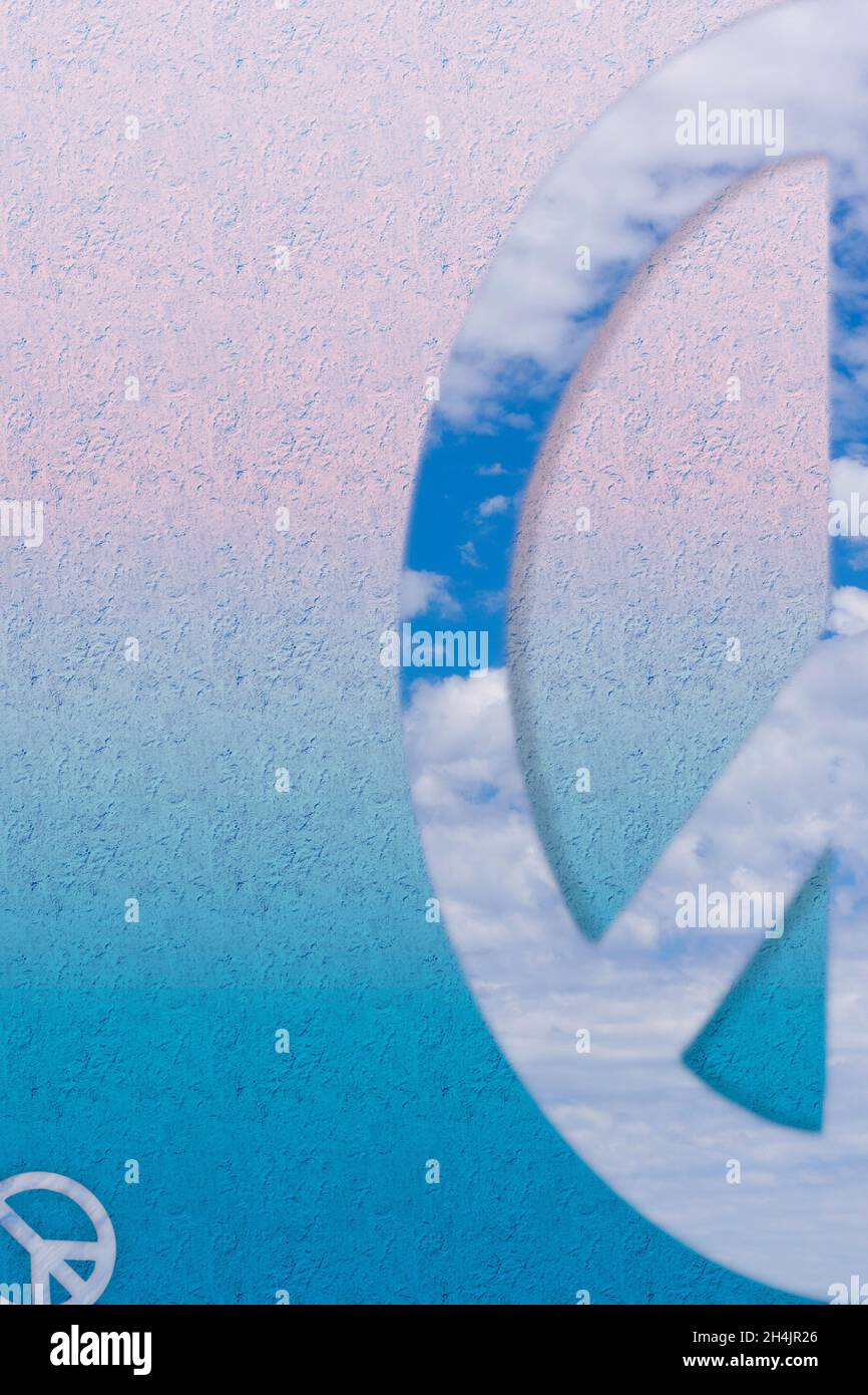 Blurry Peace symbol made of clouds over rustic background with copy ...
