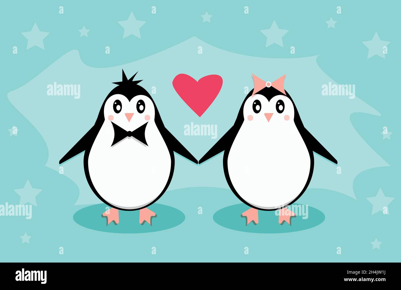Penguins on a blue background. Valentine's day concept. Animals flat ...