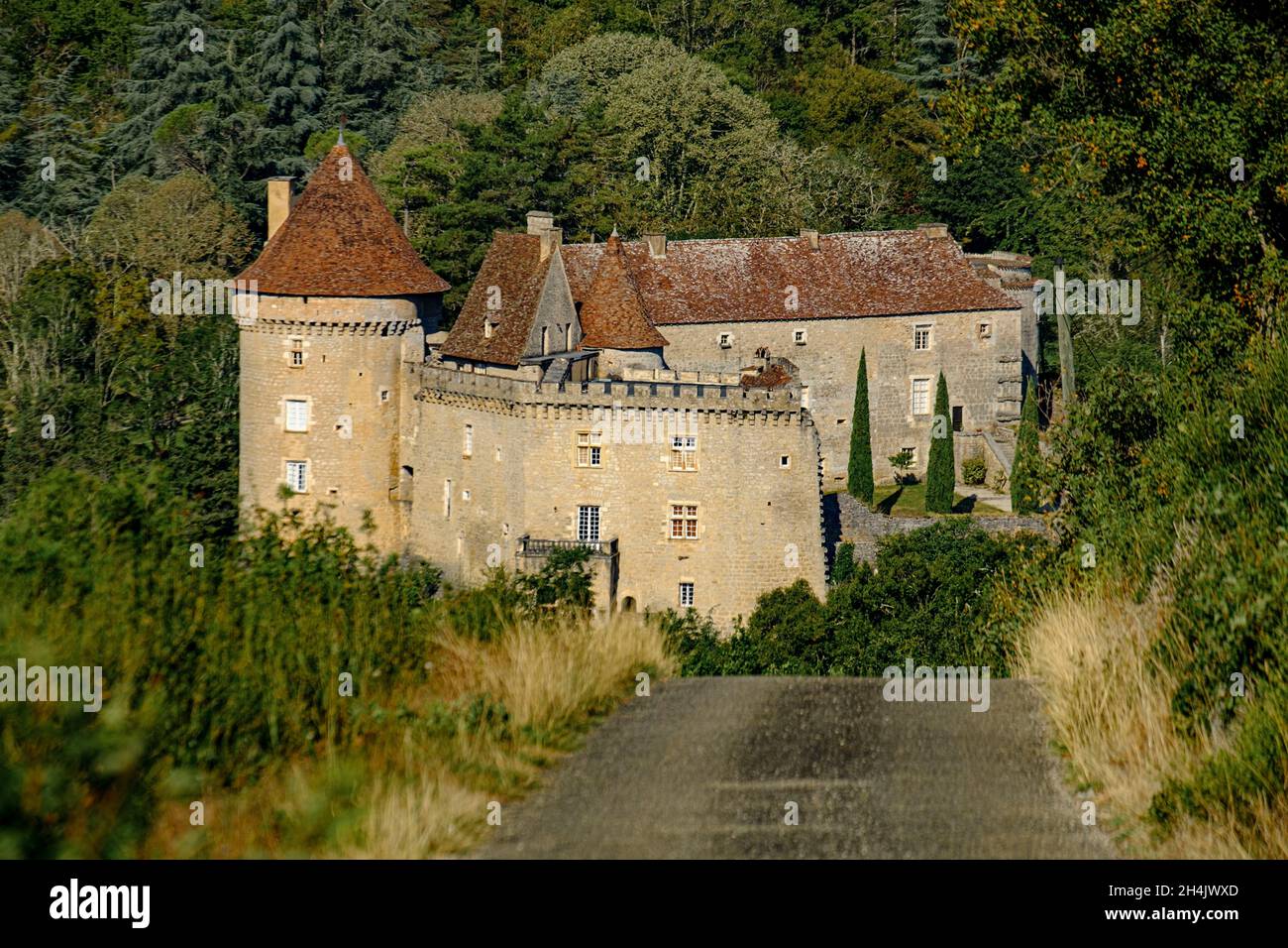 France, Lot, Cabrerets, Castle 13 th. century along Cele river Stock ...