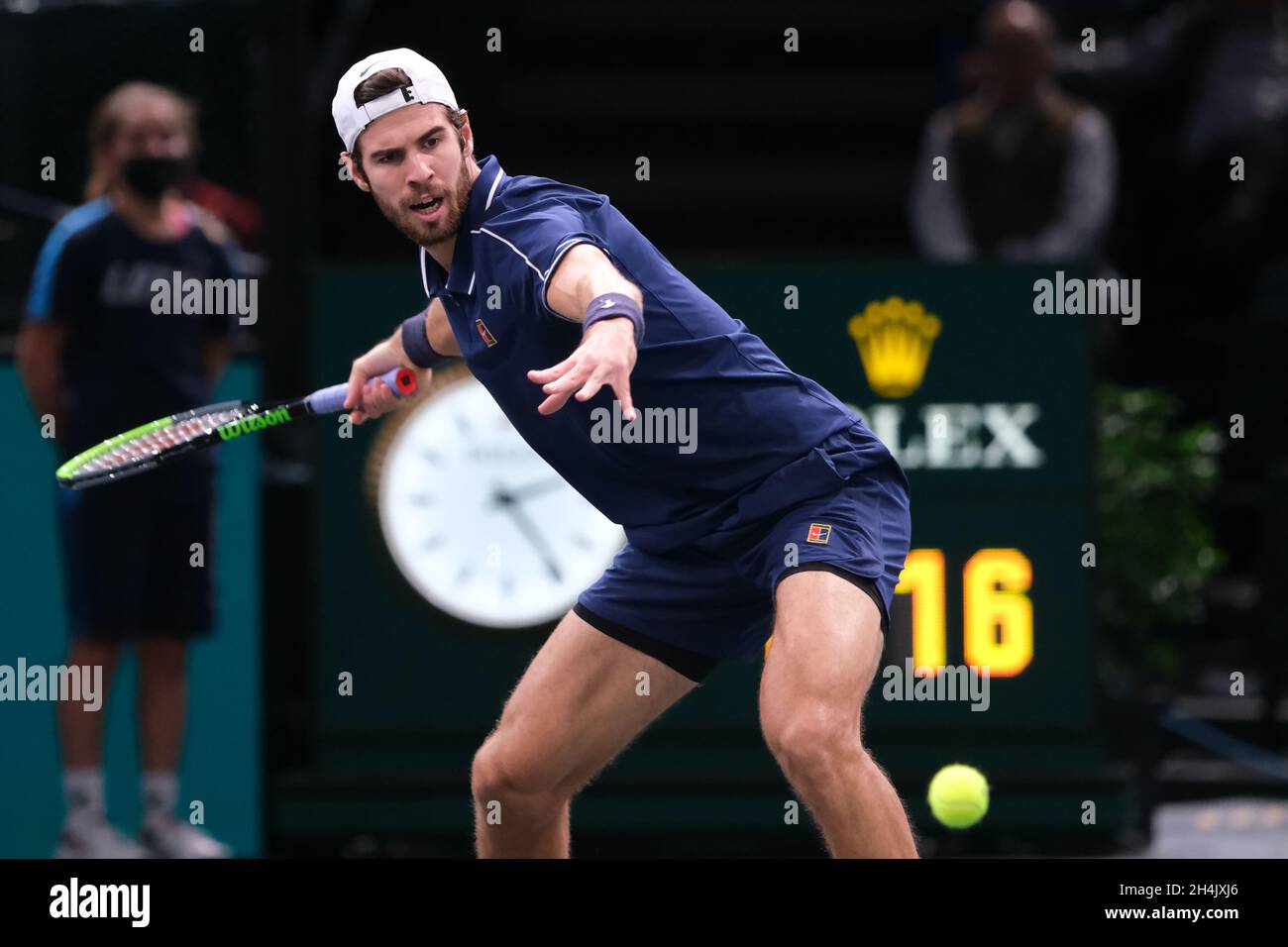 Paris, France. 3rd Nov, 2021. Russian player KAREN KHACHANOV return the ball to Bulgarian player ...