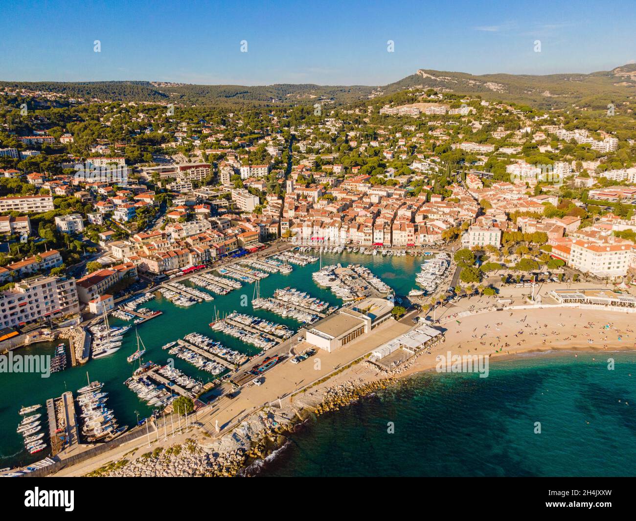 France, Bouches du Rhone, Cassis and the Grande Mer beach (aerial view ...
