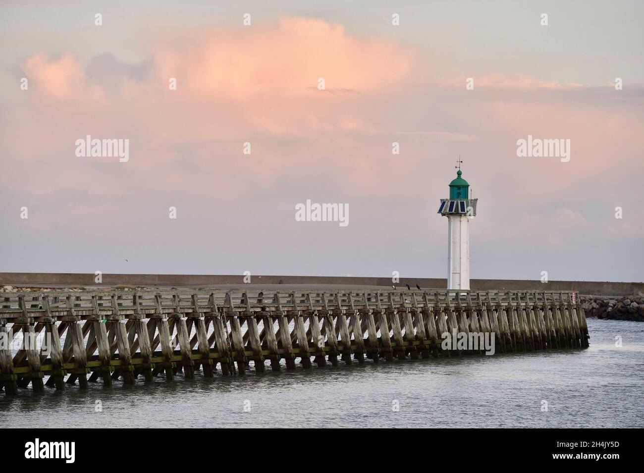France, Calvados, Cote Fleurie, lighthouse on the Deauville pier Stock ...