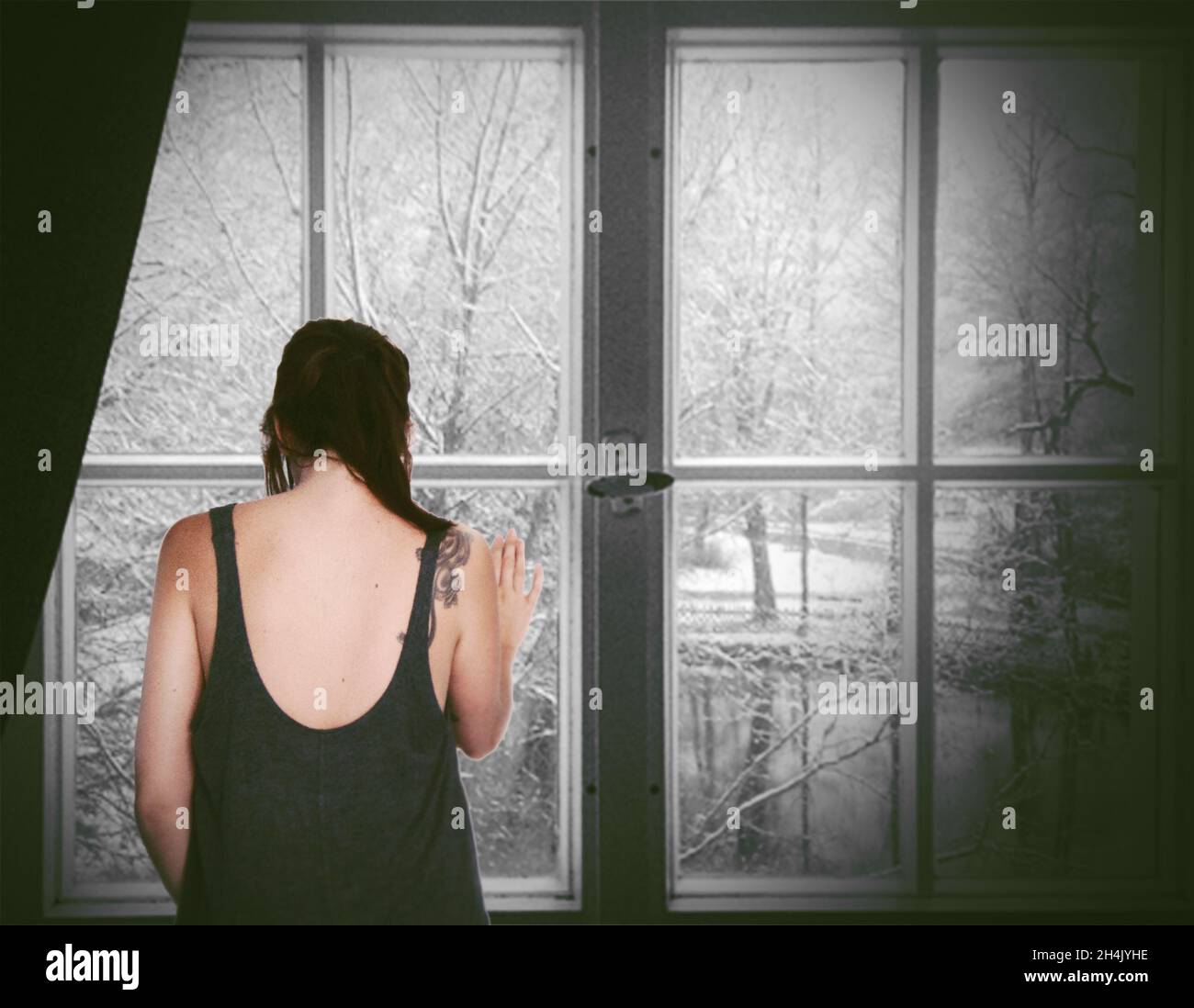Rear view of a woman looking out of a window at a snowy landscape ...