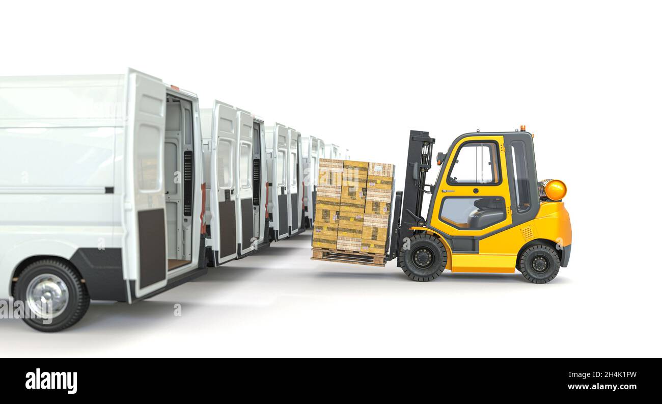 forklift loads a pallet onto a van with the doors open. 3d render Stock ...