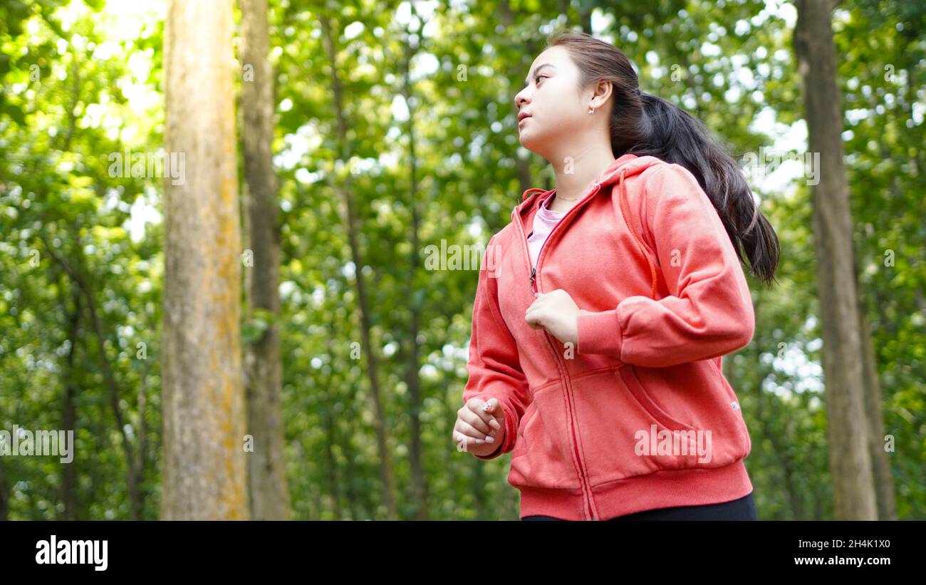 Woman in a tracksuit running through the forest, Indonesia Stock Photo ...