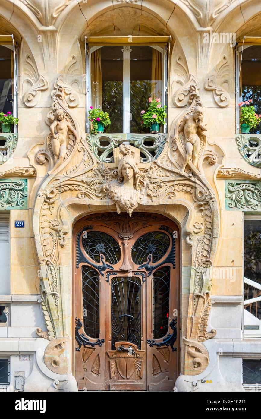 France, Paris, Lavirotte building, in Art Nouveau style in flamed ...