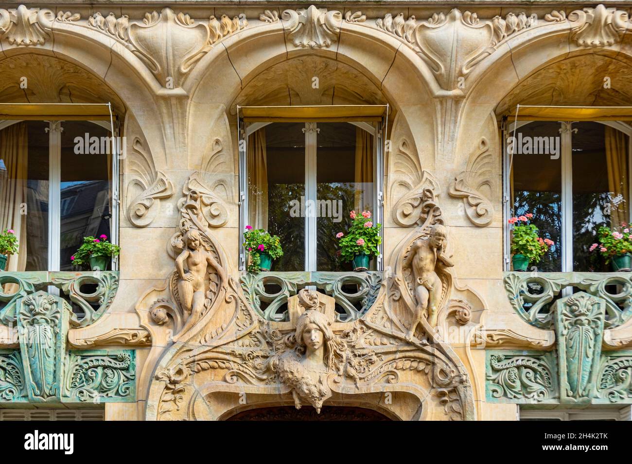 France, Paris, Lavirotte building, in Art Nouveau style in flamed ...