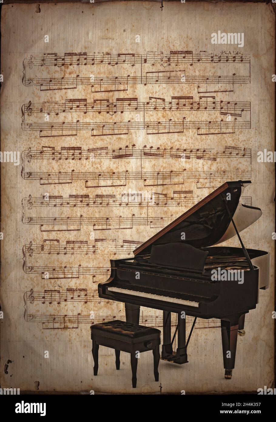 ancient music sheet with grand piano, vintage rusted old yellow paper ...