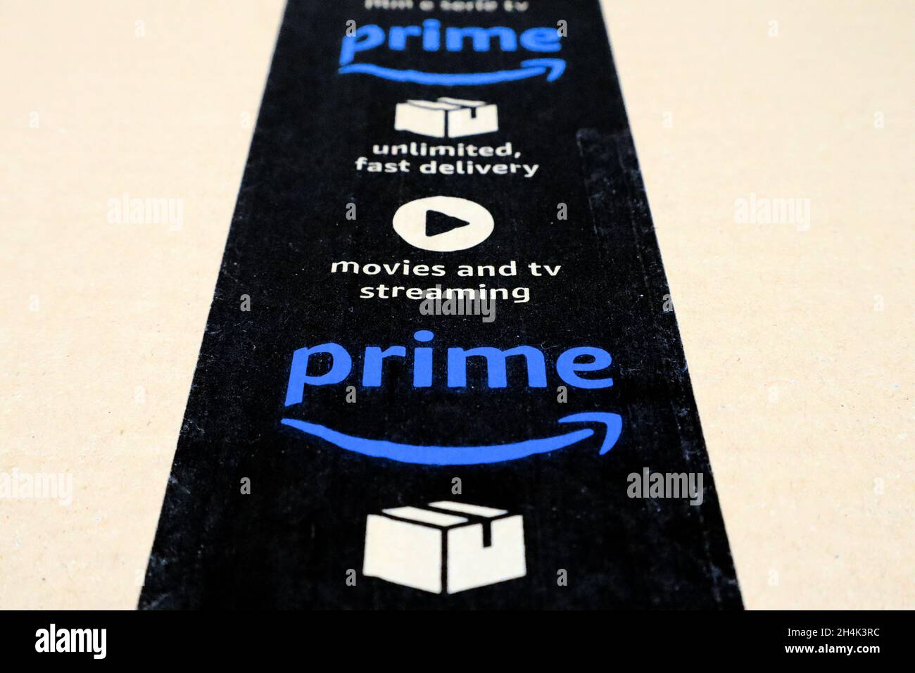 Detail of AMAZON Prime Shipping Cardboard Box. Amazon is an American ...