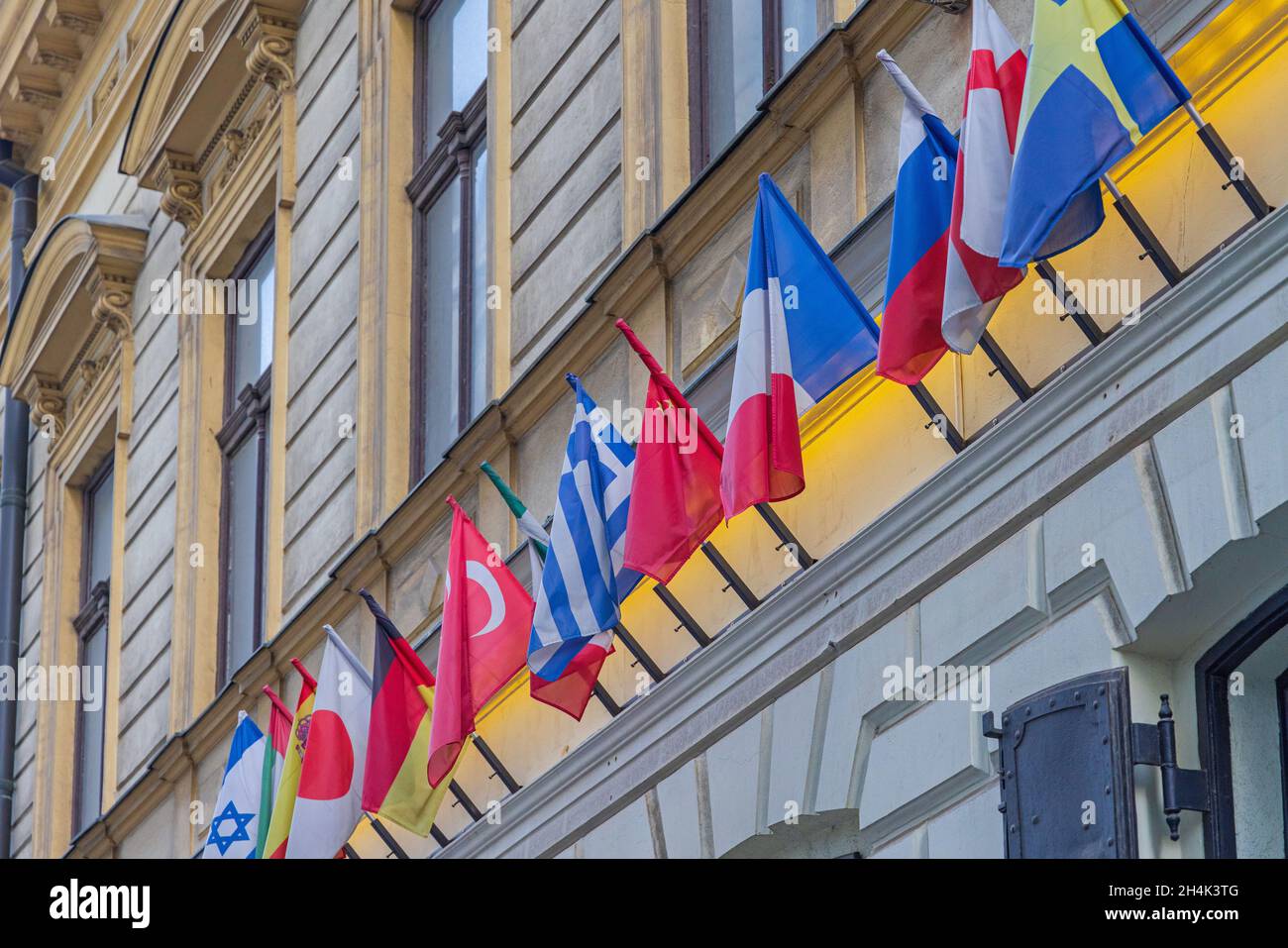 Many World Countries International Flags at Hotel Building Stock Photo ...
