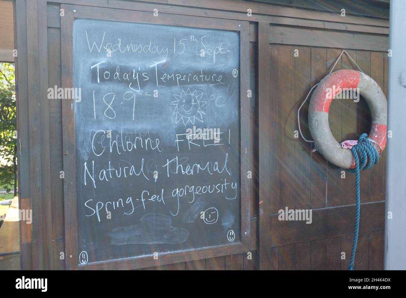 Sign at New Bath Hotel Lido, Matlock Bath showing the unheated water ...