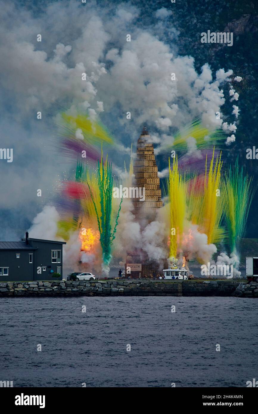 Fireworks show and bonfire on St John's Eve (Sankt Hans) in Ålesund ...