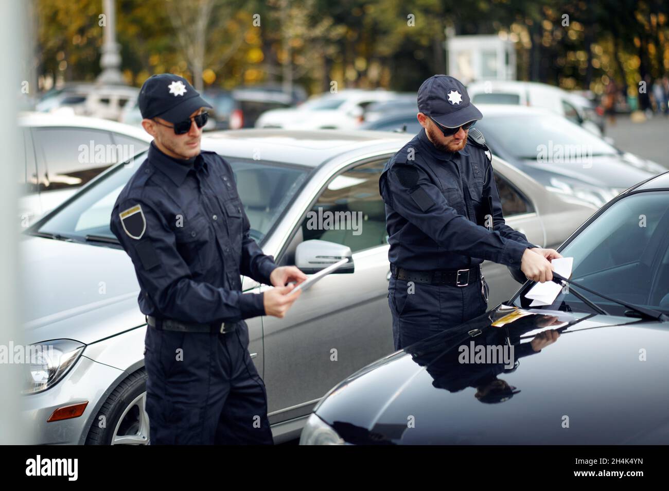 Police officers issue a ticket in the parking lot Stock Photo - Alamy