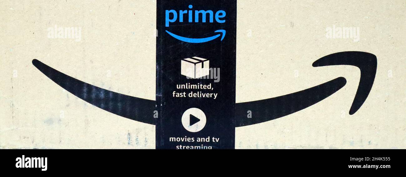 Detail of AMAZON Prime Shipping Cardboard Box. Amazon is an American ...