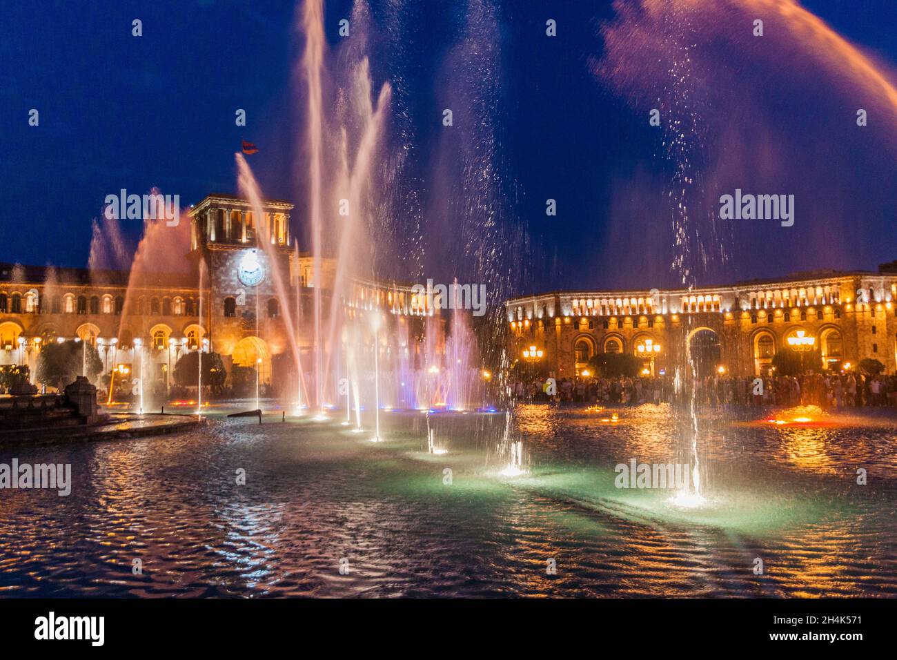 Evening fountain at the Republic Square in Yerevan, capital of Armenia ...