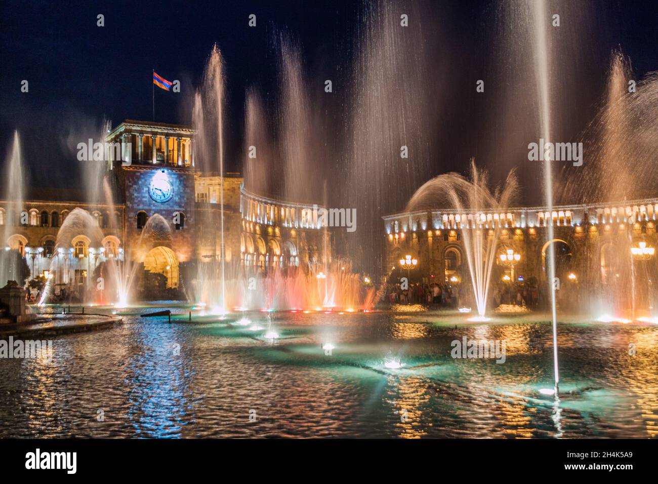 Evening fountain at the Republic Square in Yerevan, capital of Armenia ...