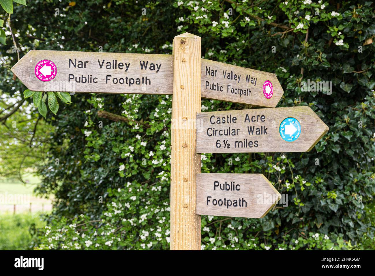 Public footpath signpost for the Nar Valley Way and the Castle Acre ...