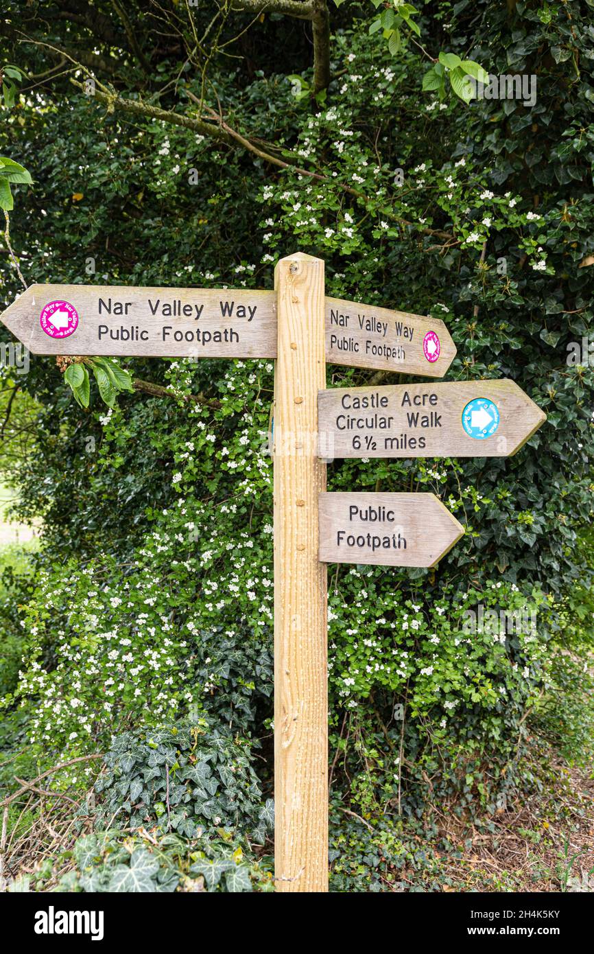 Public footpath signpost for the Nar Valley Way and the Castle Acre ...