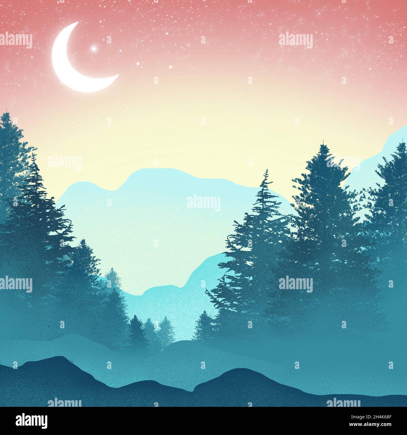 Illustration of the forest surrounded by mountains under the orange ...