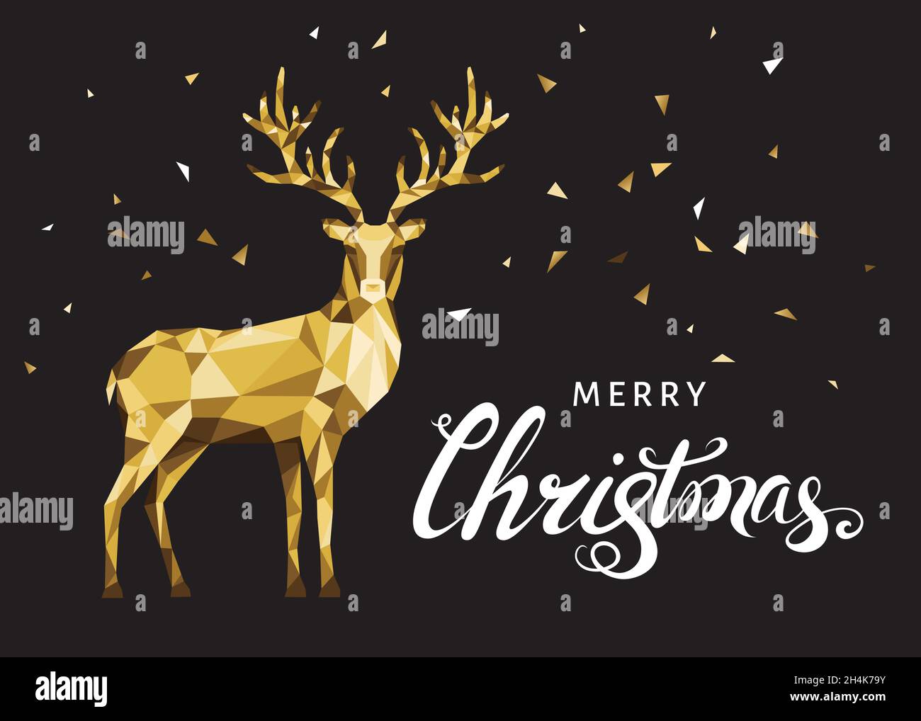 Christmas greeting card with gold polygonal deer and white hand ...