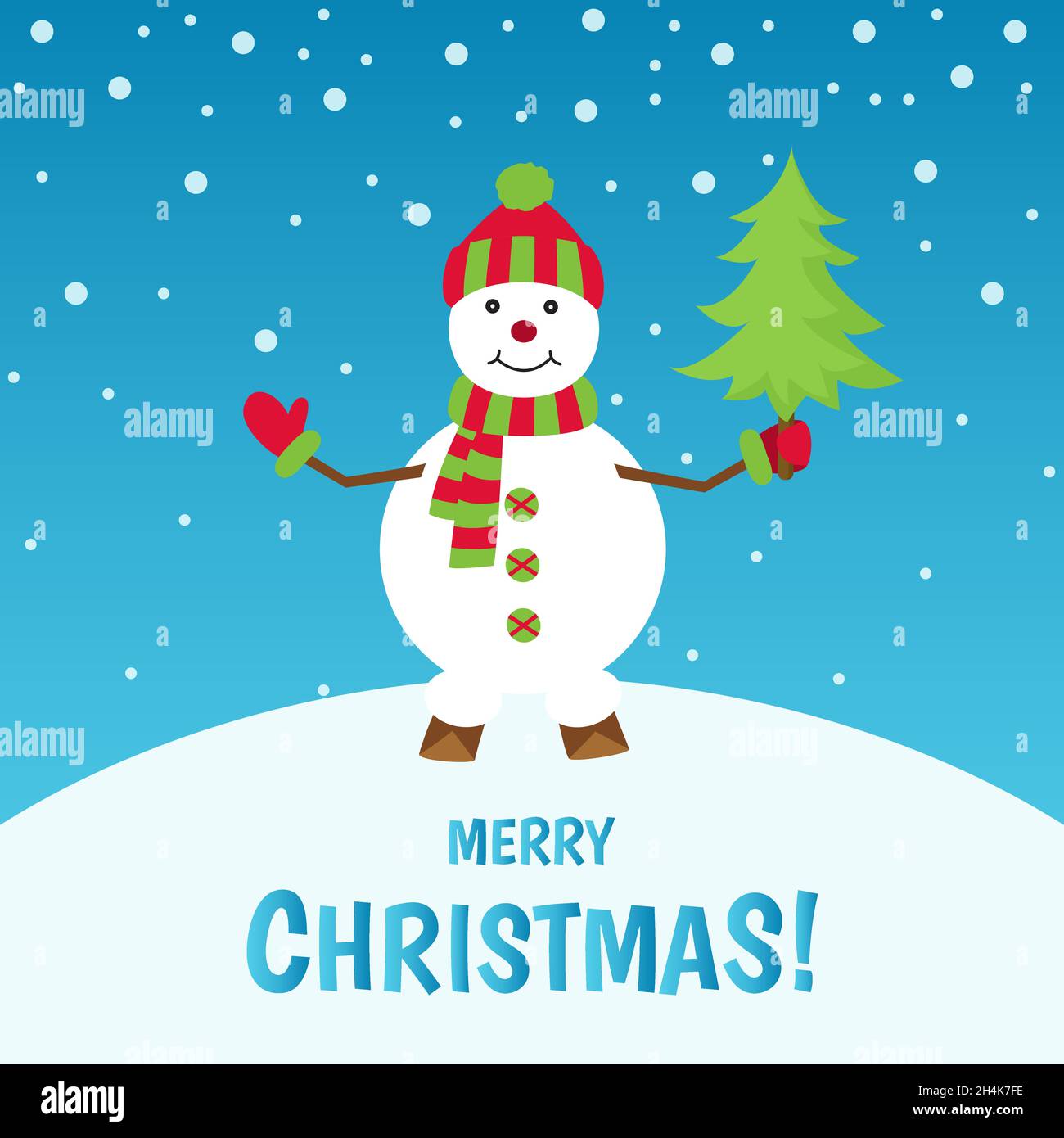 Merry Christmas. Cute snowman on winter landscape. Greeting card ...