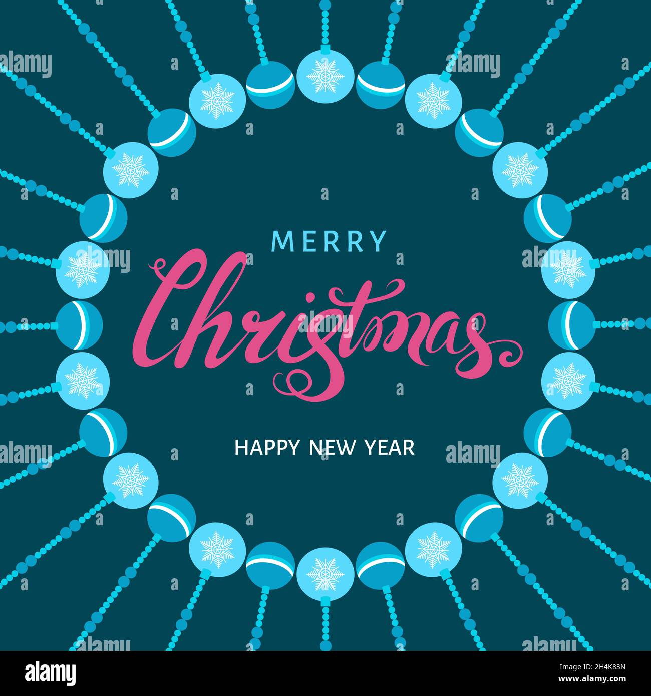 Christmas pink hand lettering on holidays blue background with balls ...