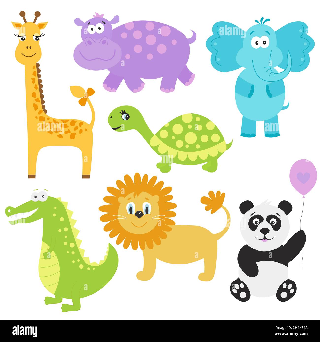 Set of cute cartoon animals. Giraffe, crocodile, elephant, hippo, panda ...