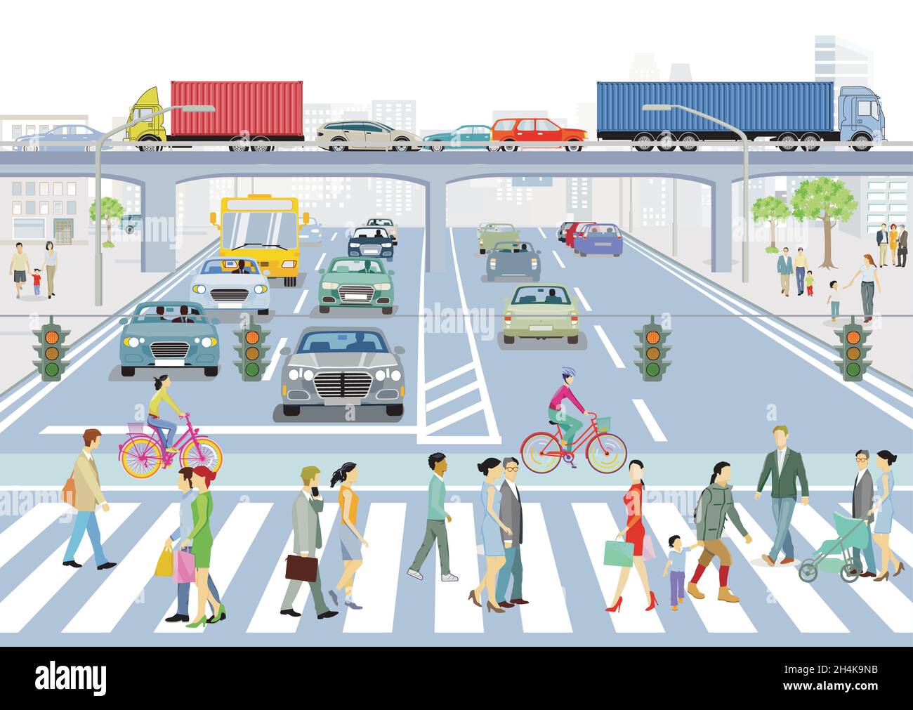 Road traffic and pedestrians on the crosswalk, illustration Stock ...