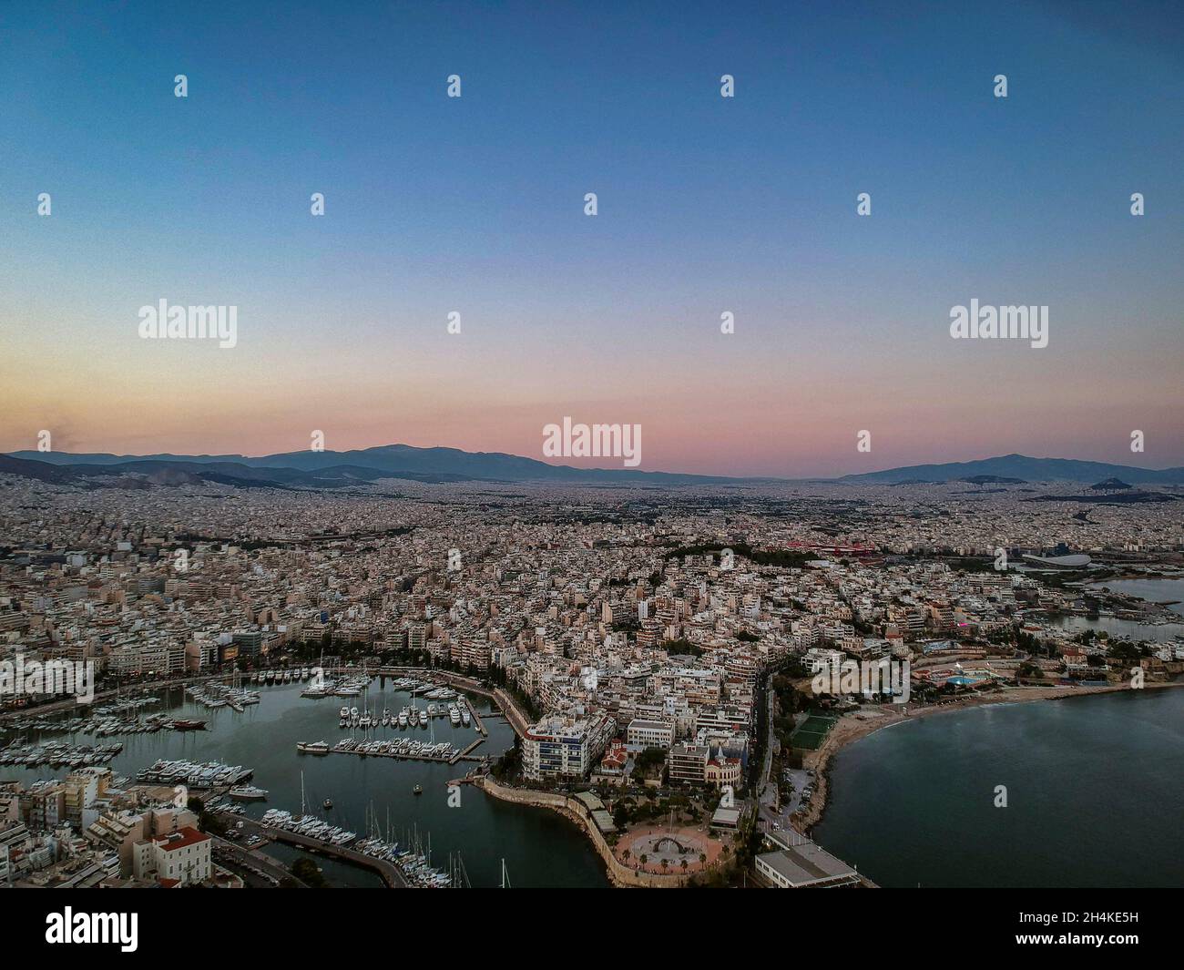 Aerial panorama view over the famous Marina Zeas, Peiraeus at sunset ...