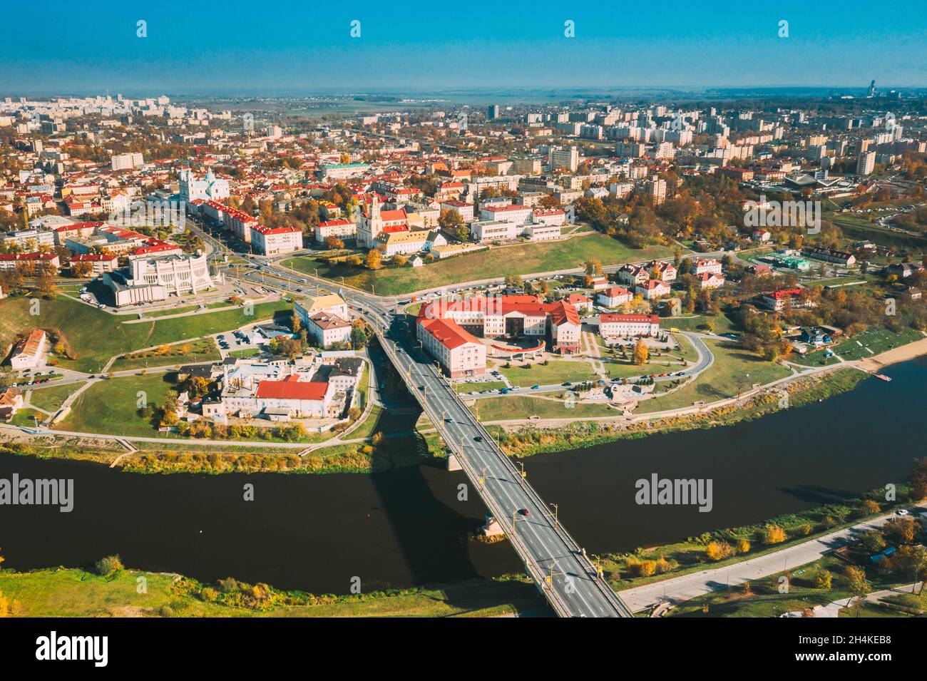 Grodno, Belarus. Aerial Bird's-eye View Of Hrodna Cityscape Skyline ...