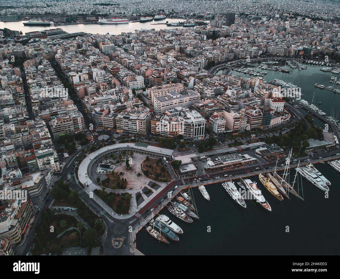 Aerial panorama view over the famous Marina Zeas, Peiraeus at sunset ...