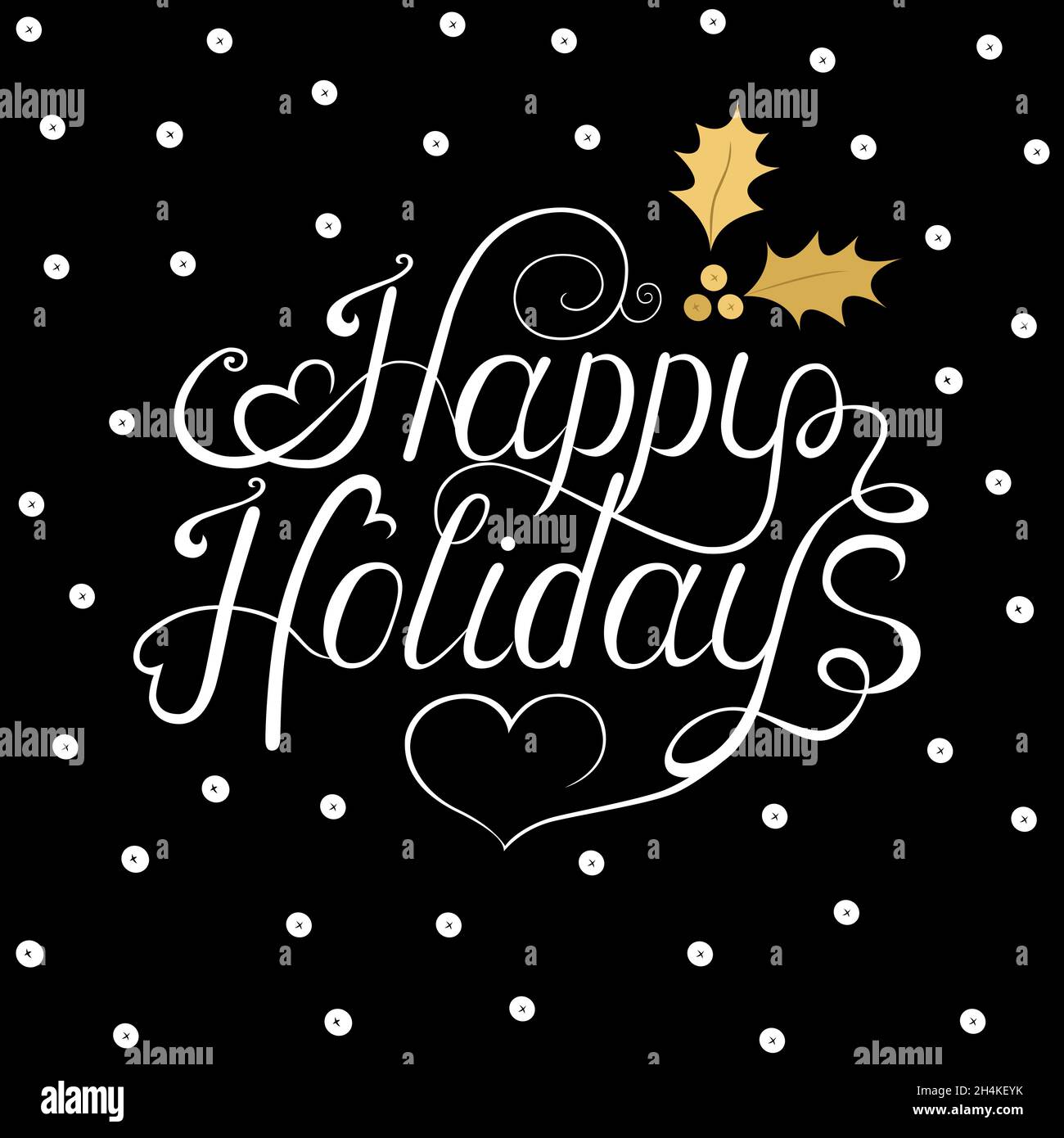 Christmas greeting card. Hand lettering on black background with holly ...