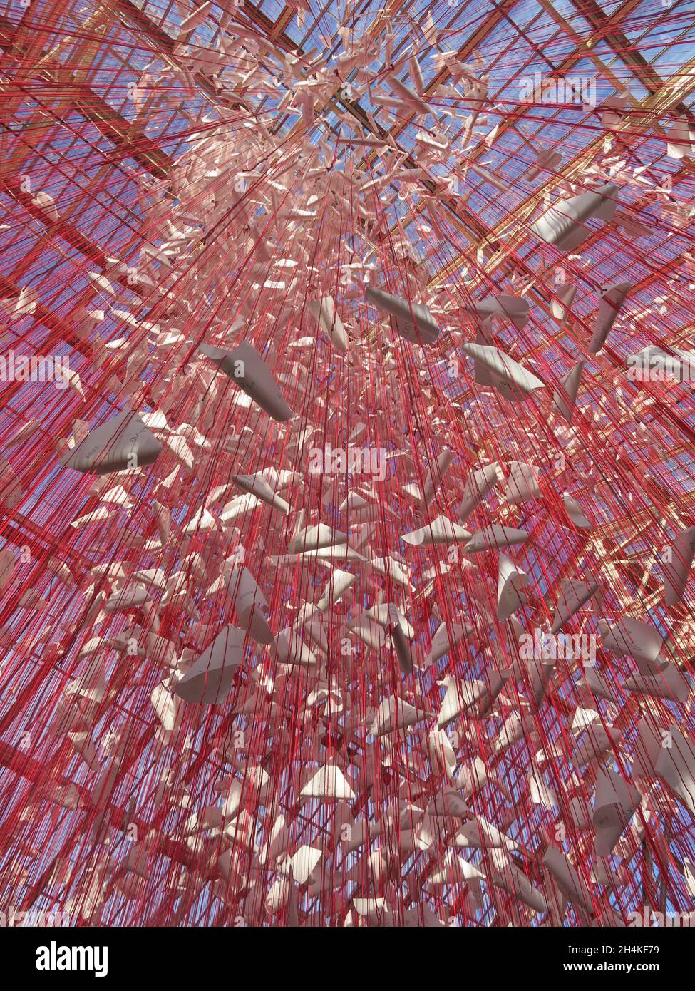 Looking up through the cascade of 5000 haiku suspended on red threads ...