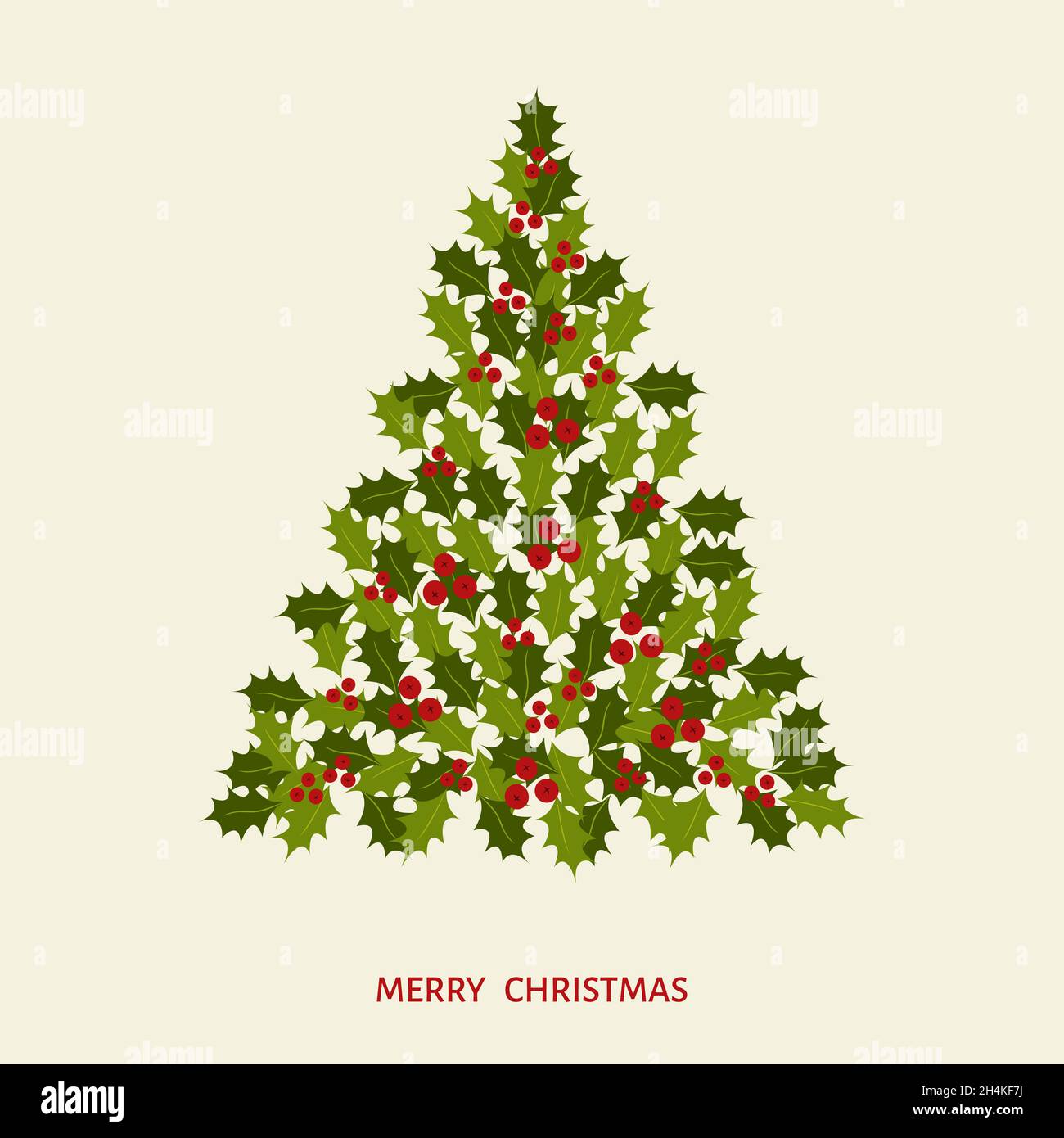 Abstract Christmas tree with leaves and holly berries. Happy New Year ...