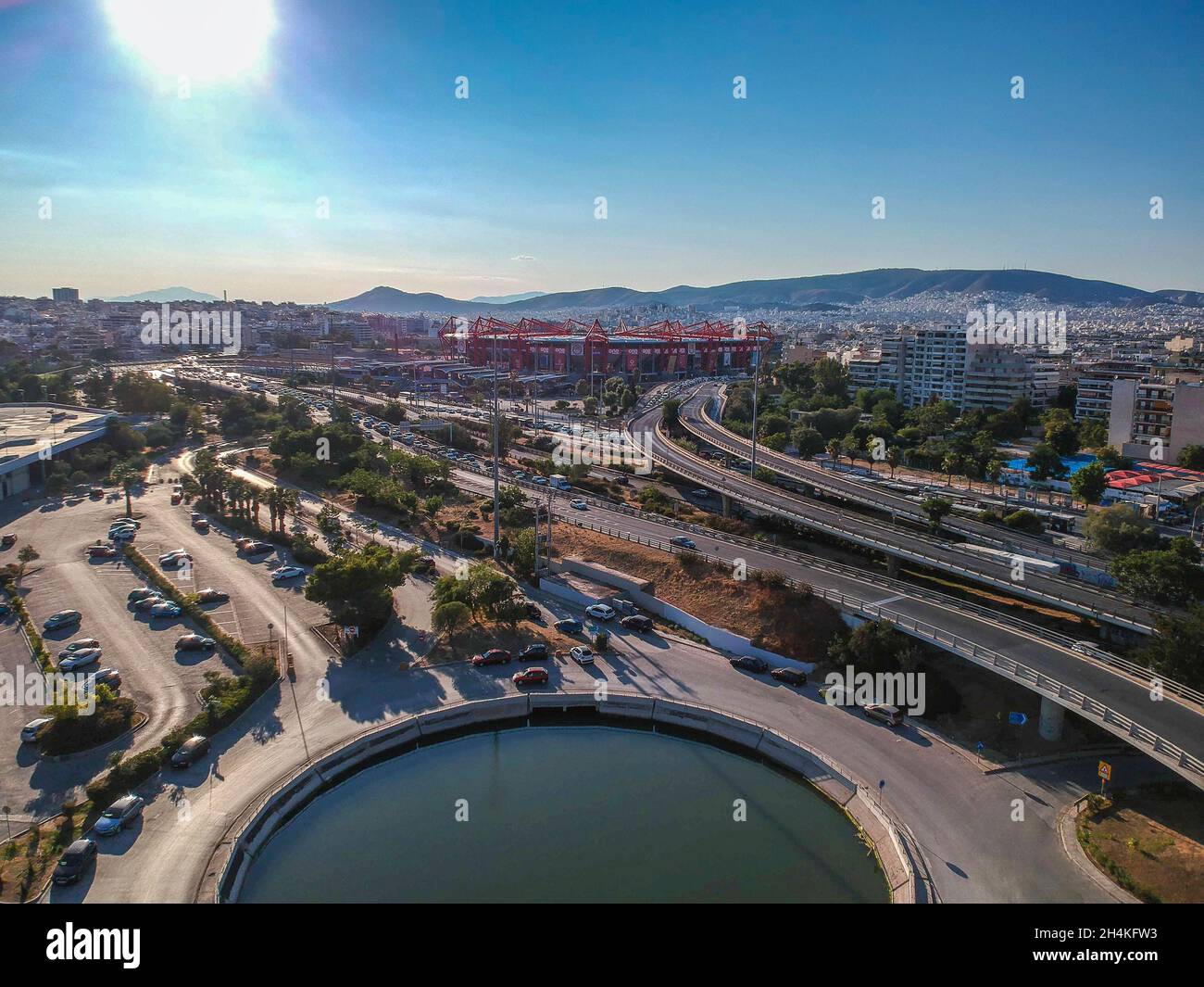 Vehicles elevating one of the most complex roads in Athens, the famous ...