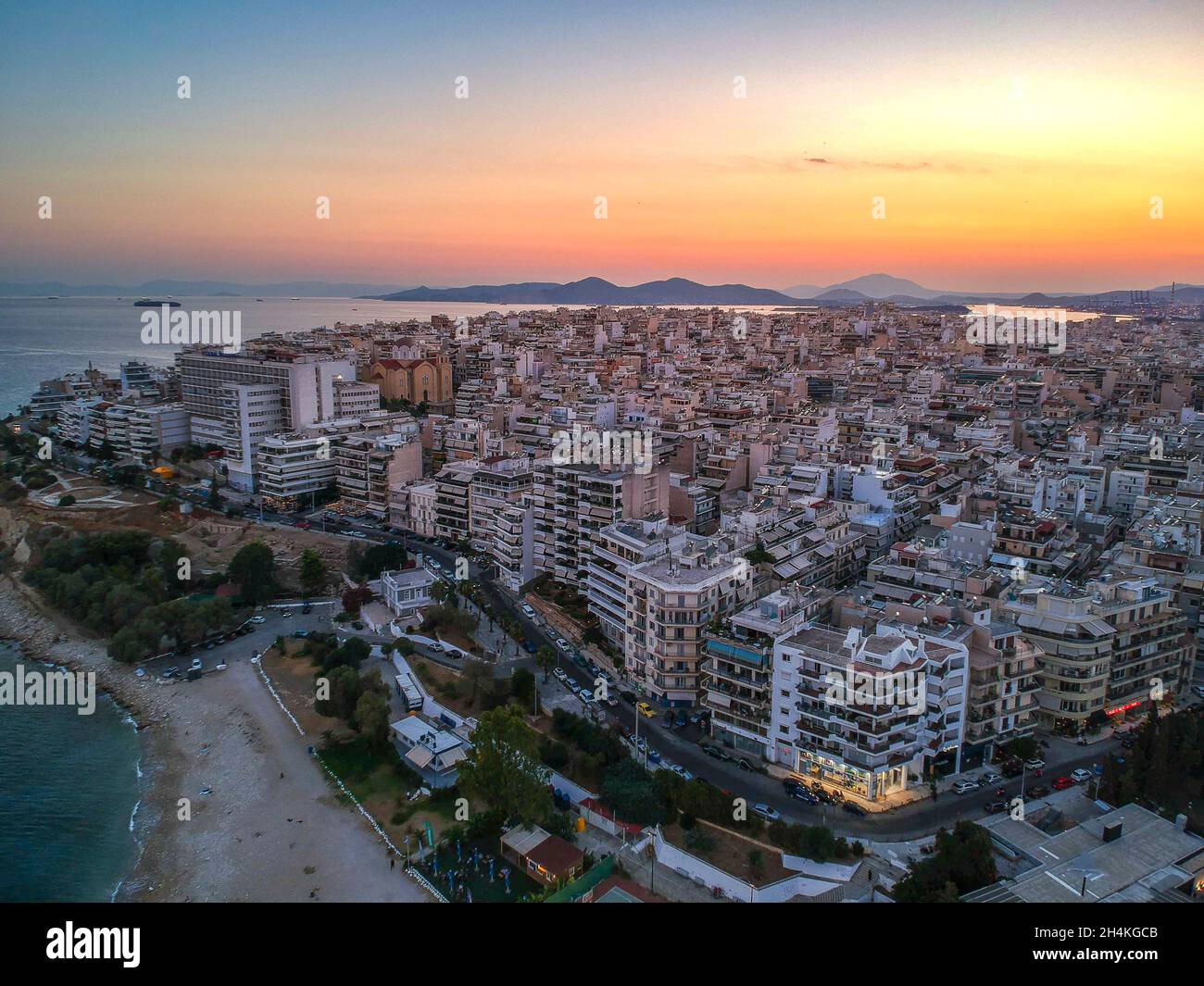 Aerial panorama view over the famous Marina Zeas, Peiraeus at sunset ...