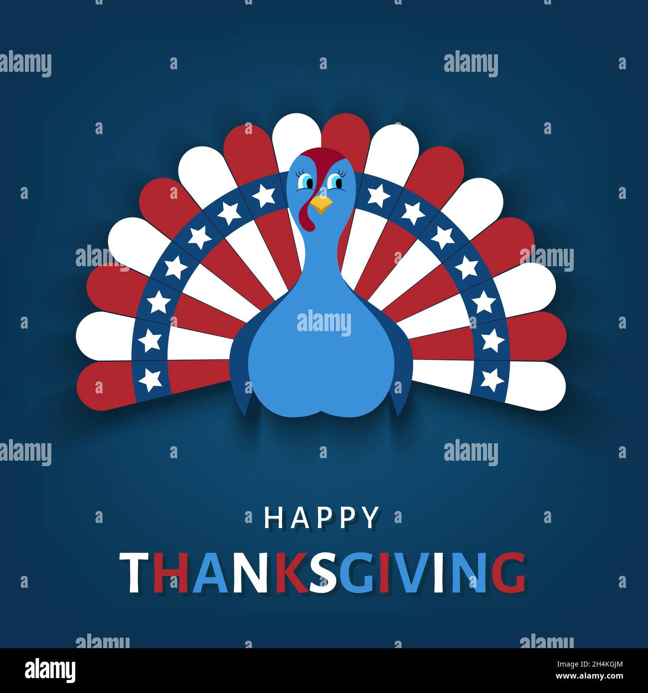 Happy Thanksgiving day greeting card. Cartoon turkey bird in colors of flag of USA: blue, red ...