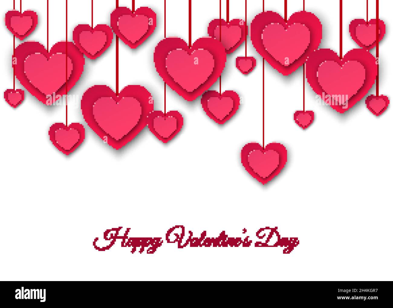 Valentines day background with hanging pink cut paper hearts. Weeding ...