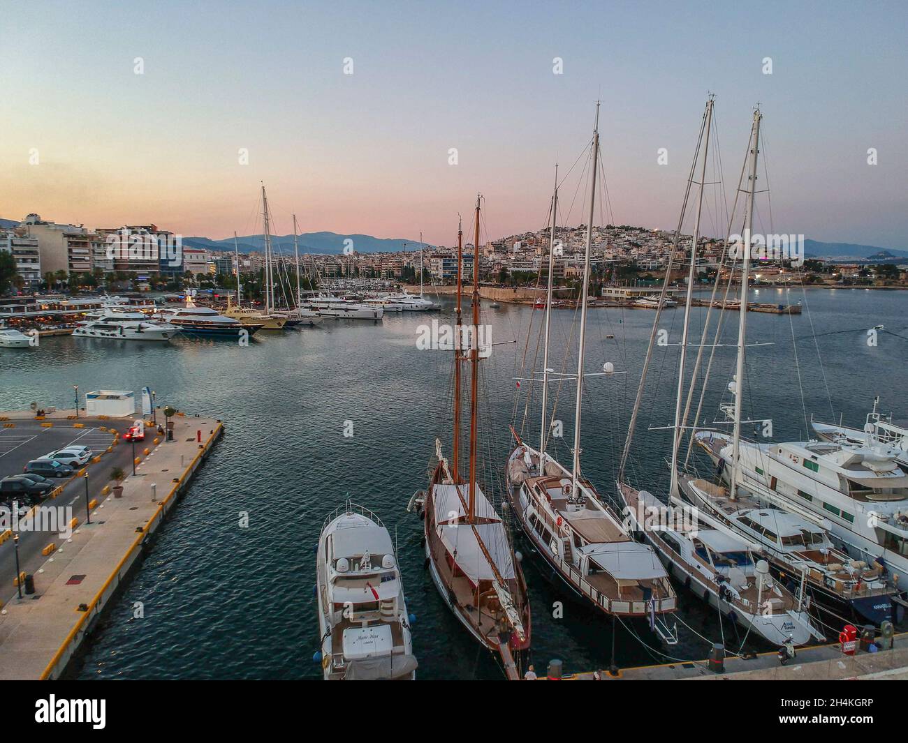 Aerial panorama view over the famous Marina Zeas, Peiraeus at sunset ...