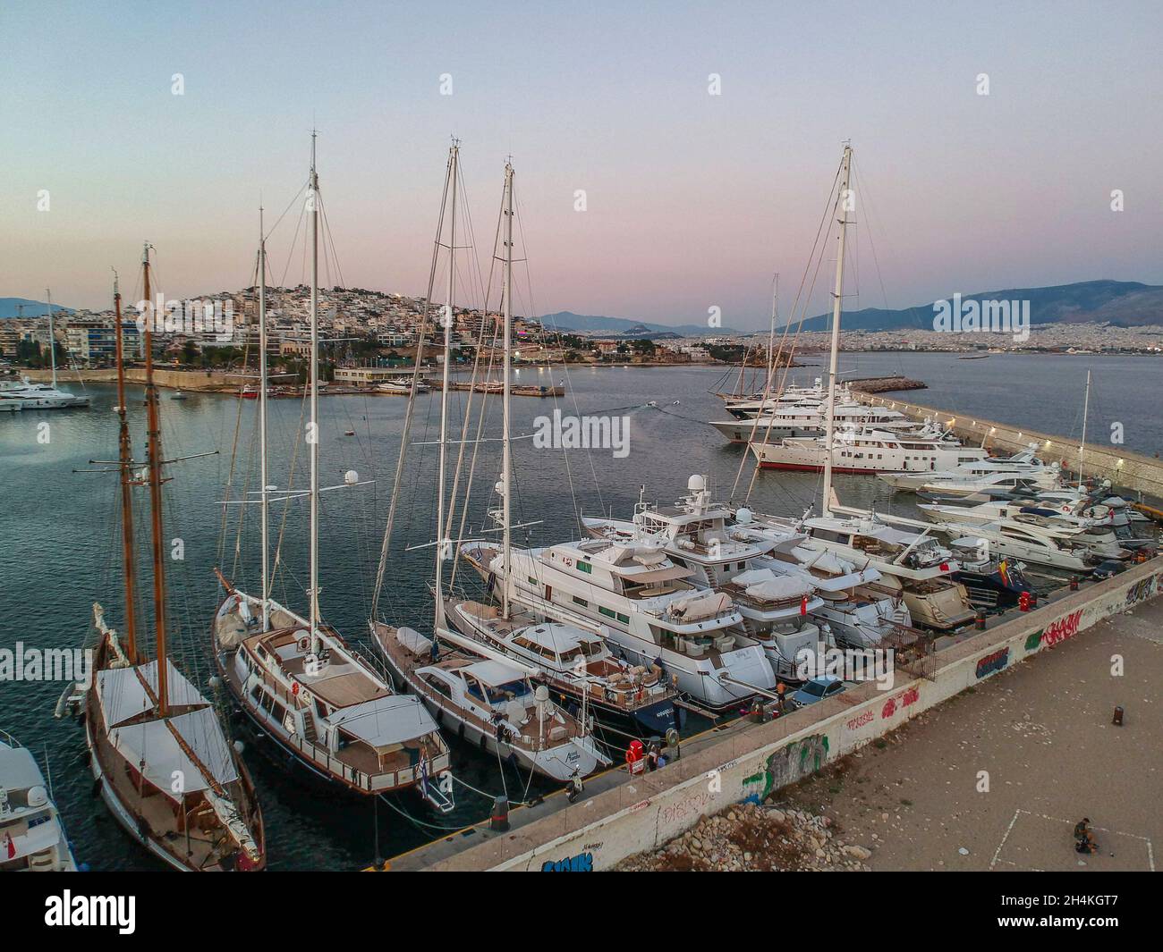 Aerial panorama view over the famous Marina Zeas, Peiraeus at sunset ...